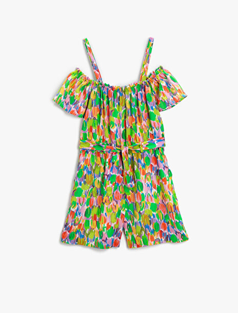 Koton Kız Çocuk Çiçekli Tulum Düşük Omuz Askılı Dökümlü Fırfırlı