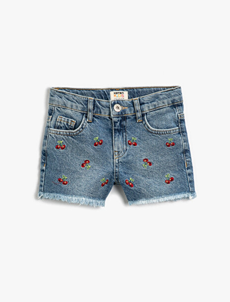 Koton Kız Çocuk Kiraz İşlemeli Mini Kot Şort Pamuklu