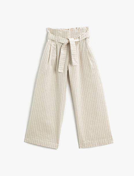 Koton Kız Çocuk Bol Paça Pantolon Kemerli Yüksek Bel Çizgili