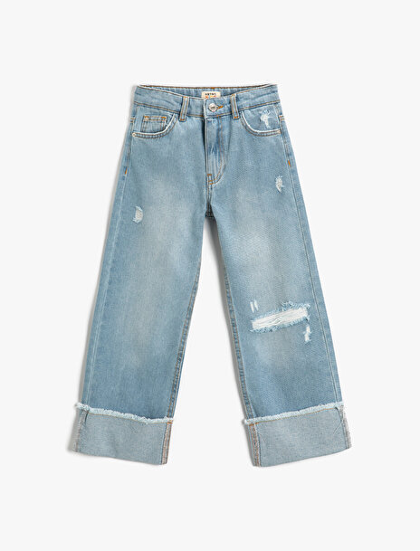 Koton Kız Çocuk Destroylu Geniş Paça Boyfriend Kot Pantolon Pamuklu