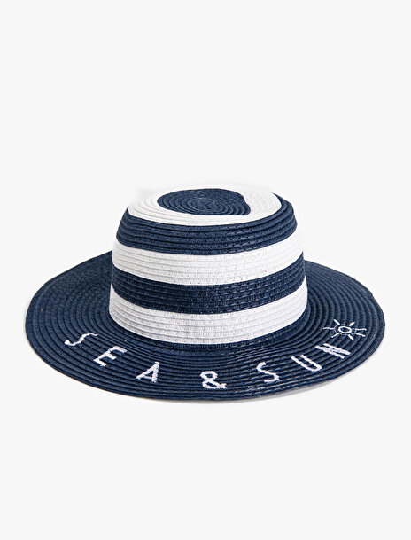 Koton Kız Çocuk Hasır Şapka Çizgili Slogan İşlemeli