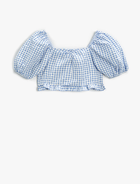 Koton Kız Çocuk Crop Bluz Kareli Kısa Balon Kollu Koton Kız Çocuk Crop Bluz Kareli Kısa Balon Kollu