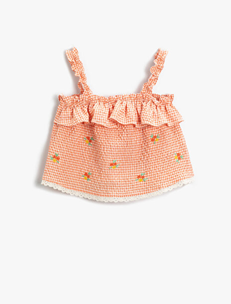 Koton Kız Çocuk Çiçek İşlemeli Pötikareli Fırfırlı Askılı Bluz