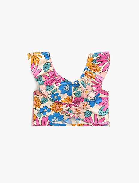 Koton Kız Çocuk Çiçekli Crop Bluz Fırfırlı Düşük Omuz Pamuklu