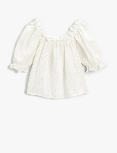 Koton Kız Çocuk Düşük Omuz Balon Kollu Bluz Nakış Detaylı