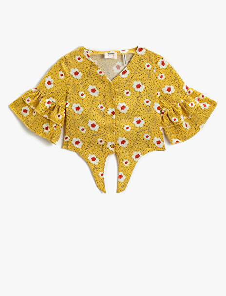 Koton Kız Çocuk Crop Bluz Çiçekli Kısa Kollu Fırfırlı Beli Bağlama Detaylı
