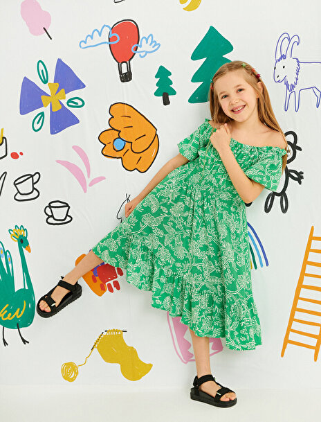 Koton Kız Çocuk Çiçekli Elbise Midi Düşük Omuz Fırfırlı