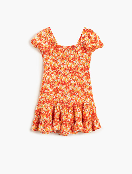 Koton Kız Çocuk Çiçekli Elbise Midi Fırfırlı U Yaka Kısa Kollu