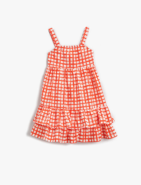 Koton Kız Çocuk Kareli Midi Elbise Askılı Fırfırlı Pamuklu