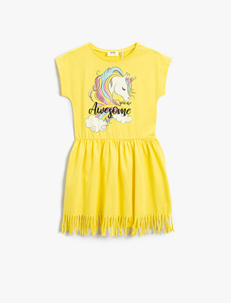 Koton Kız Çocuk Püsküllü Unicorn Baskılı Kısa Kollu Elbise Bisiklet Yaka Pamuklu