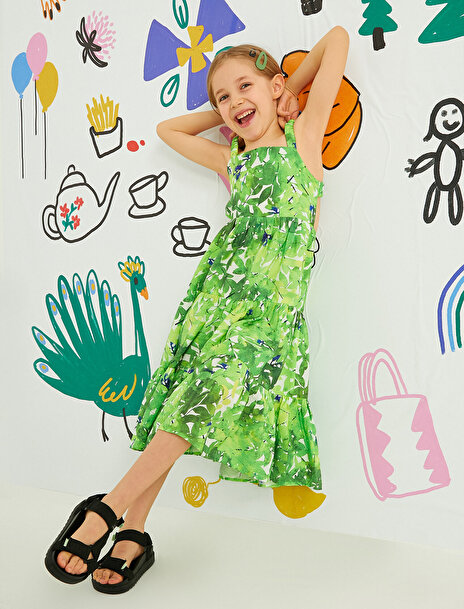 Koton Kız Çocuk Çiçekli Elbise Fırfırlı Maksi Sırtı Pencere Detaylı