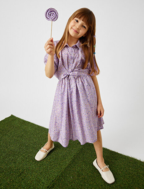 Koton Kız Çocuk Çiçekli Kısa Kollu Gömlek Elbise Bağlama Detaylı