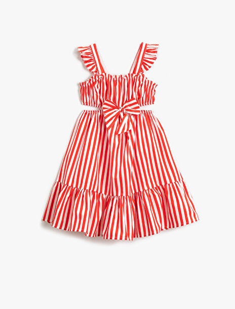 Koton Kız Çocuk Midi Elbise Çizgili Pencere Detaylı Fırfırlı Pamuklu