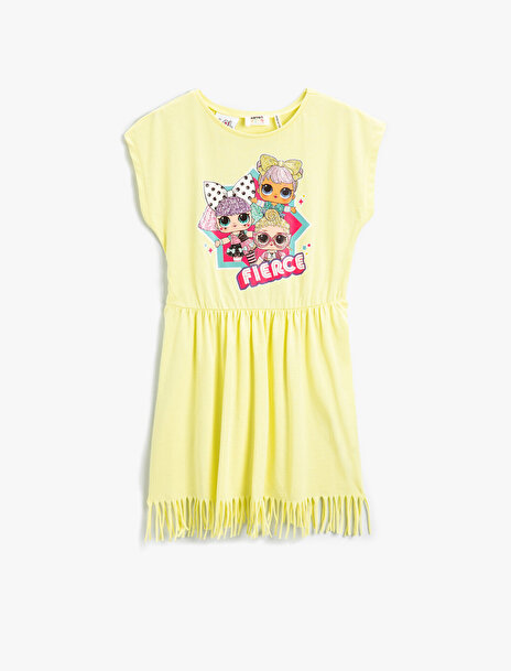 Koton Kız Çocuk LoL Baskılı Püsküllü Elbise Kısa Kollu Beli Lastikli Pamuklu