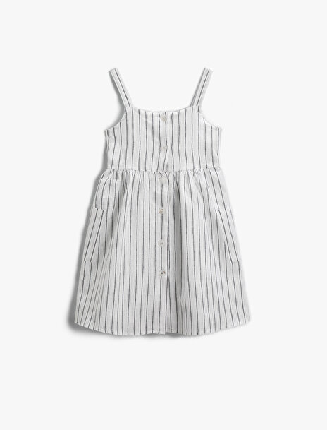 Koton Kız Çocuk Çizgili Midi Elbise Keten Pamuk Karışımlı Cepli