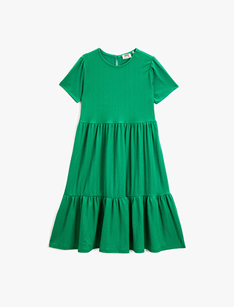 Koton Kız Çocuk Midi Elbise Kısa Kollu Bisiklet Yaka Pilili