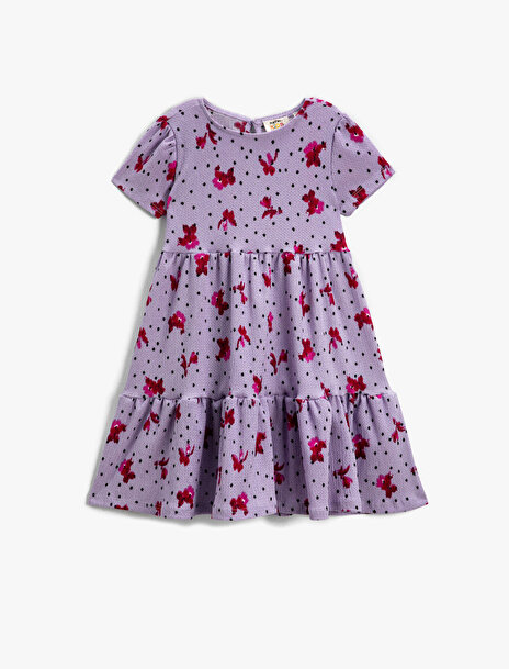 Koton Kız Çocuk Çiçekli Elbise Midi Fırfırlı Kısa Kollu Bisiklet Yaka