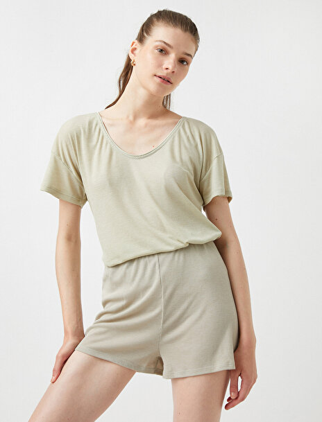 Koton Kadın Pijama Üstü Bisiklet Yaka Kısa Kollu