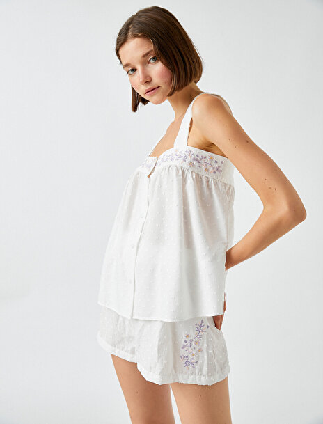 Koton Kadın Düğmeli Pijama Üstü Askılı Nakışlı