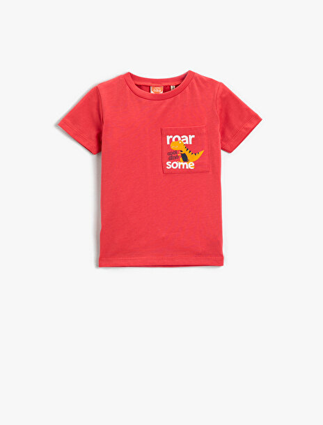 Koton Erkek Çocuk Cep Detaylı Dinazor Baskılı Bisiklet Yaka Tişört Pamuklu