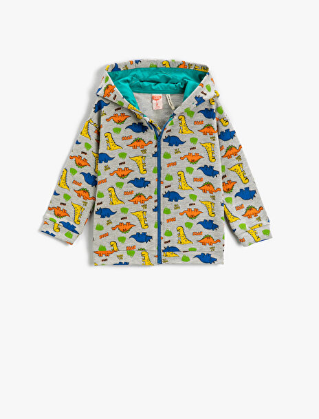 Koton Erkek Çocuk Dinozor Baskılı Kapşonlu Sweatshirt Fermuarlı