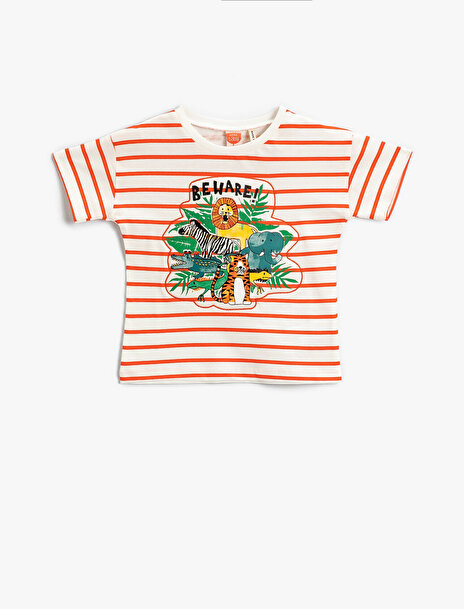 Koton Erkek Çocuk Çizgili Hayvan Baskılı Kısa Kollu Tişört Pamuklu