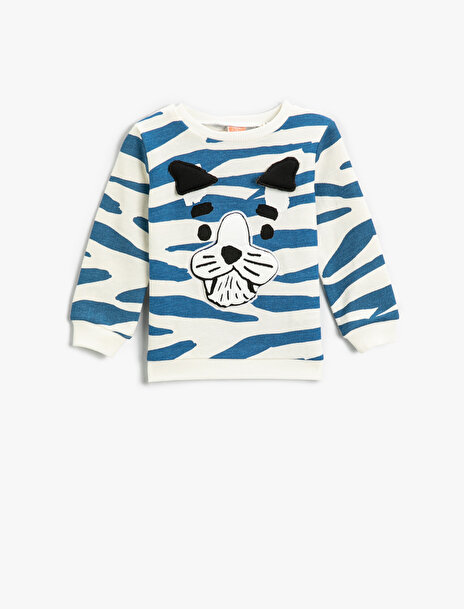Koton Erkek Çocuk Mavi Zebra Desenli 3 Boyutlu Hayvan Baskılı Sweatshirt Pamuklu