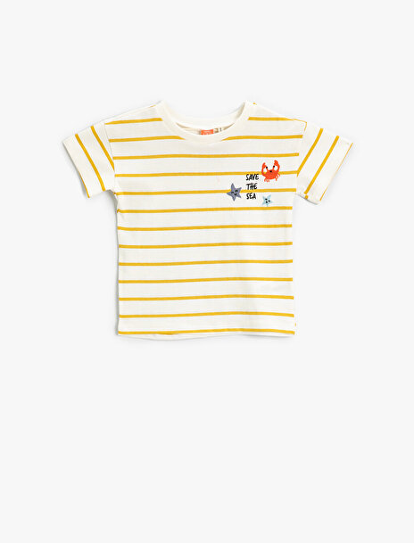 Koton Erkek Çocuk İşlemeli Çizgili Bisiklet Yaka Kısa Kollu Tişört Pamuklu