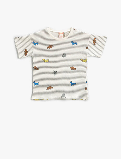 Koton Erkek Çocuk Baskılı Çizgili Tişört Kısa Kollu Bisiklet Yaka Pamuklu