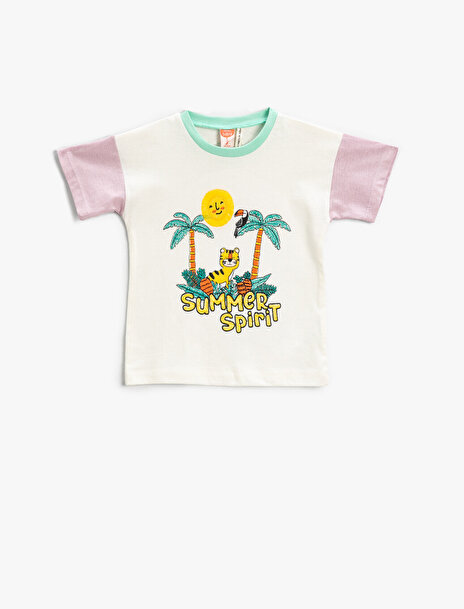 Koton Erkek Çocuk Yaz Temalı İşlemeli Tişört Kısa Kollu Pamuklu
