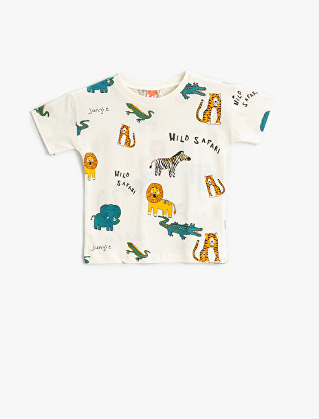 Koton Erkek Çocuk Hayvan Baskılı Tişört Kısa Kollu Bisiklet Yaka Pamuklu