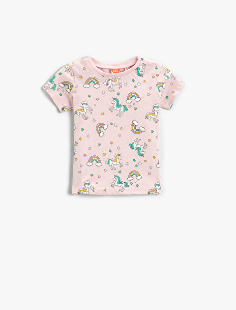 Koton Kız Çocuk Unicorn Baskılı Bisiklet Yaka Kısa Kollu Tişört Pamuklu