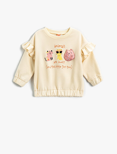 Koton Kız Çocuk Hayvan Baskılı Fırfırlı Sweatshirt Pamuklu