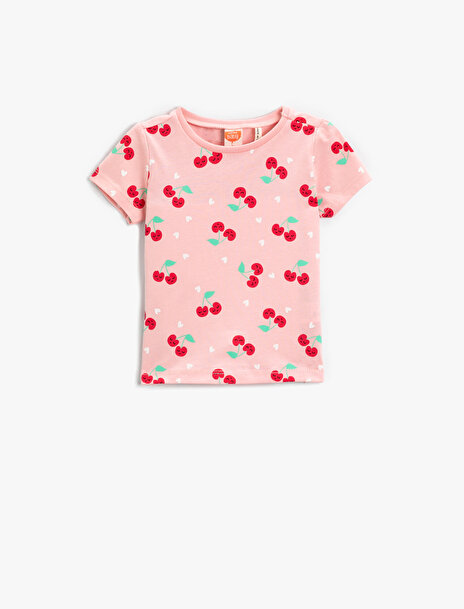 Koton Kız Çocuk Kiraz Baskılı Bisiklet Yaka Kısa Kollu Tişört Pamuklu