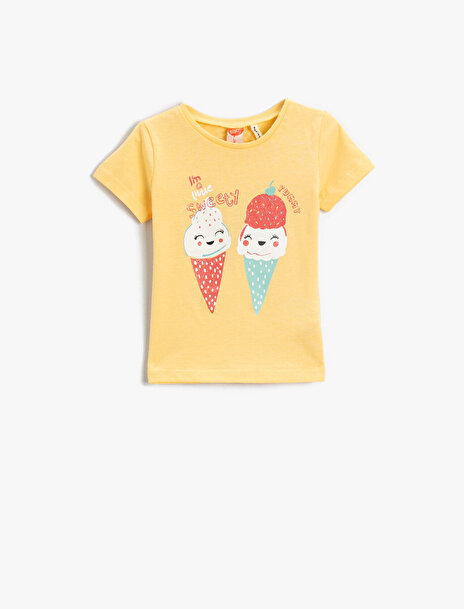 Koton Kız Çocuk Dondurma Baskılı Tişört Bisiklet Yaka Pamuklu