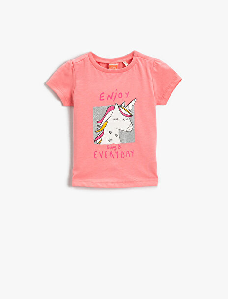 Koton Kız Çocuk Unicorn Baskılı Tişört Bisiklet Yaka Pamuklu