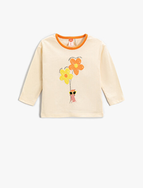 Koton Kız Çocuk Çiçek Baskılı Uzun Kollu Tişört Pamuklu