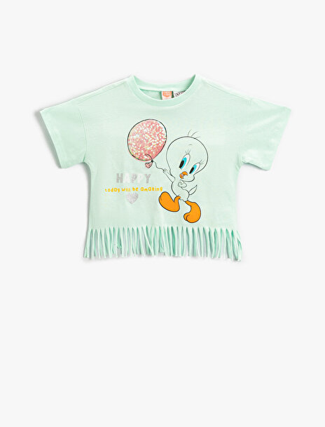 Koton Kız Çocuk Tweety Baskılı Lisanslı Püsküllü Kısa Kollu Tişört Pamuklu