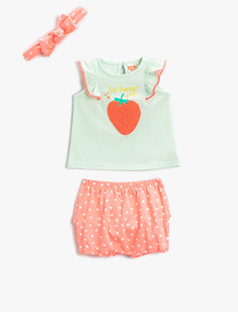 Koton Kız Çocuk Çilek Baskılı Fırfırlı Tişört Şort Saç Bandı Seti