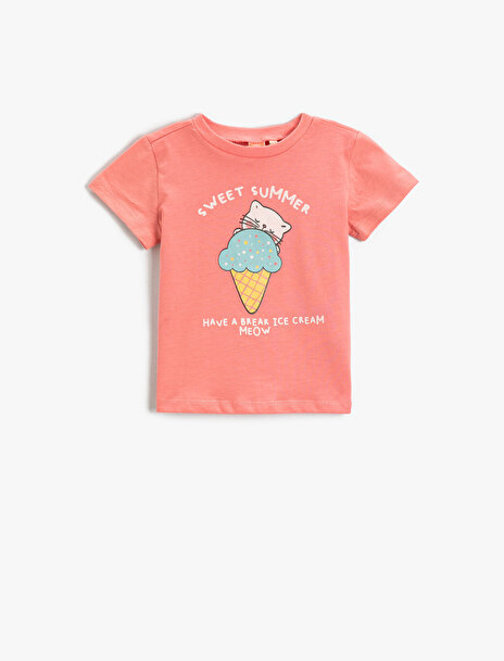 Koton Kız Çocuk Dondurma Baskılı Tişört Kısa Kollu Bisiklet Yaka Pamuklu