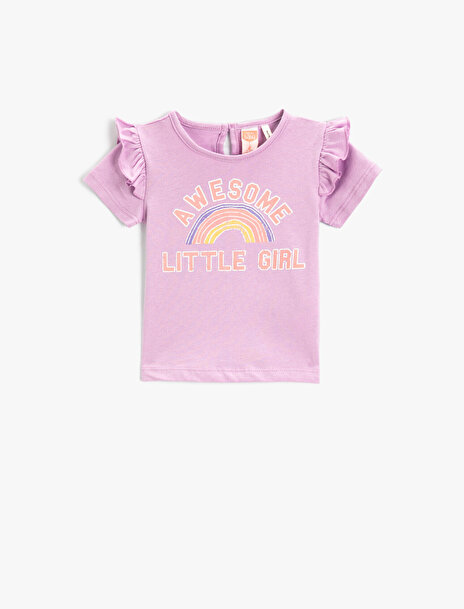 Koton Kız Çocuk Slogan Baskılı Fırfırlı Tişört Kısa Kollu Bisiklet Yaka Pamuklu