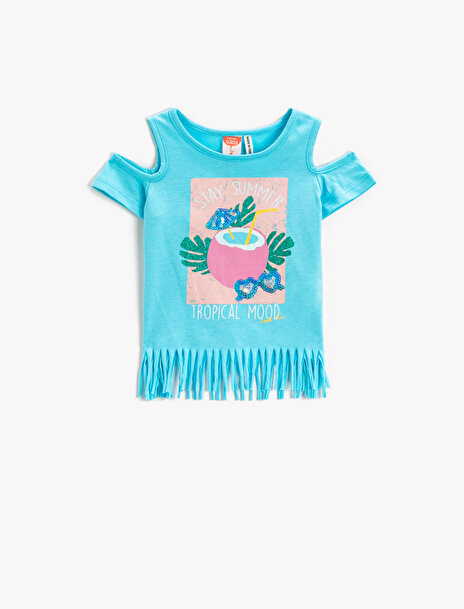 Koton Kız Çocuk Püsküllü Baskılı Tişört Pencere Detaylı Kısa Kollu Pamuklu