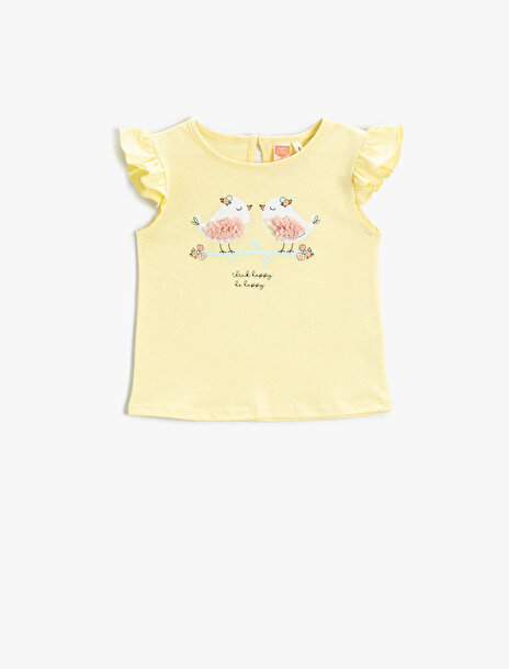 Koton Kız Çocuk Fırfırlı Kollu Baskılı Atlet Bisiklet Yaka Pamuklu