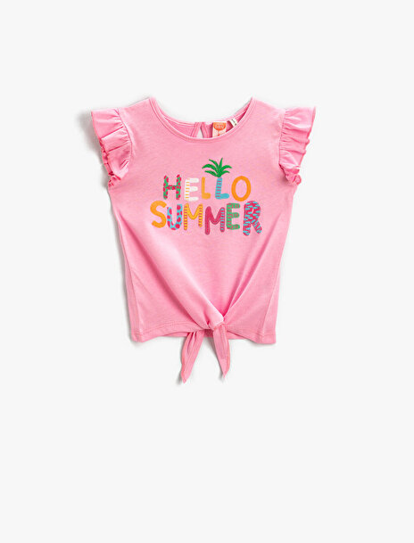 Koton Kız Çocuk Fırfırlı Kollu Tişört Baskılı Beli Bağlamalı Pamuklu