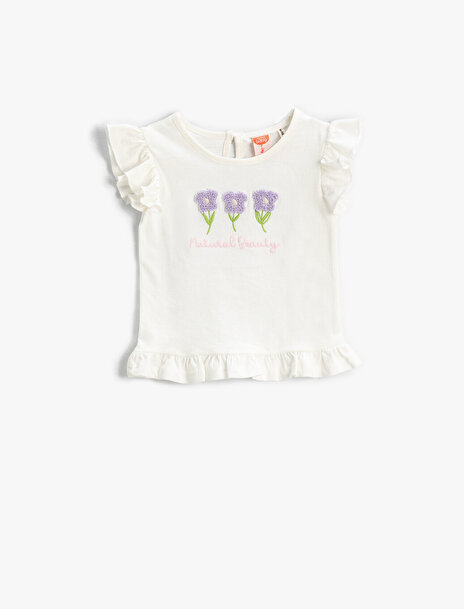 Koton Kız Çocuk Nakışlı Tişört Fırfırlı Kollu Bisiklet Yaka Pamuklu