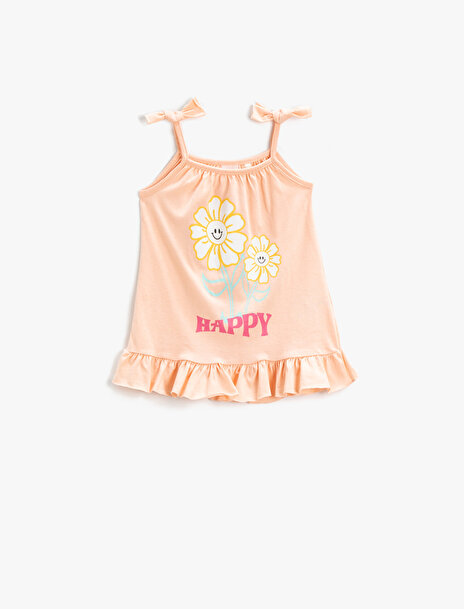 Koton Kız Çocuk Baskılı Üst Askılı Fiyonk Detaylı Fırfırlı Pamuklu