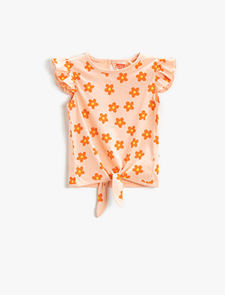 Koton Kız Çocuk Çiçekli Tişört Fırfırlı Önden Bağlama Detaylı Pamuklu