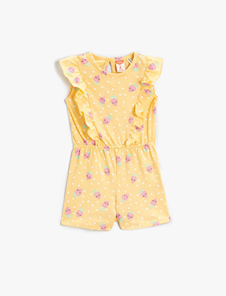 Koton Kız Çocuk Desenli Tulum Çilek Baskılı Kelebek Kollu Bisiklet Yaka Pamuklu