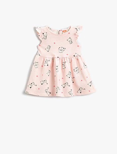 Koton Kız Çocuk Kedi Baskılı Fırfırlı Elbise Pamuklu