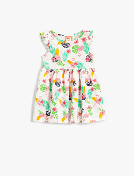 Koton Kız Çocuk Baskılı Kolları Fırfırlı Elbise